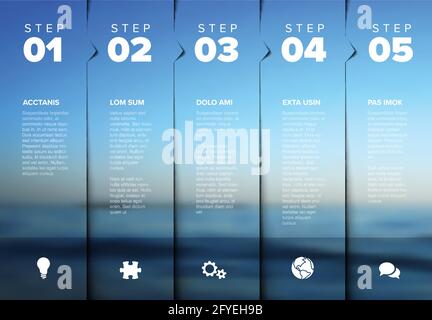 Five white vector progress block steps template with color border ...
