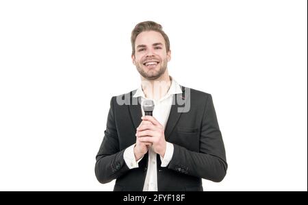 He works as anchorman. Happy anchorman isolated on white. Business man ...