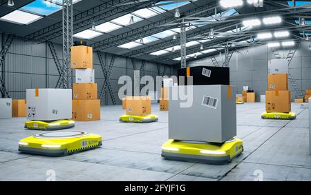 Autonomous robots moving packages in warehouse - 3D illustration Stock Photo - Alamy