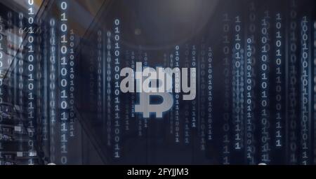 Composition of bitcoin symbol, binary coding processing on computer ...
