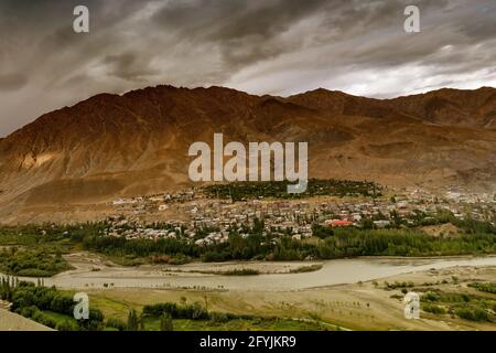 Top view of Indus river and Kargil City with Himalayan mountains in ...