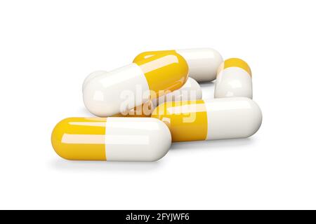 Yellow and white pill capsules over white background, medical treatment ...