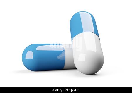 Two blue pill capsules over white background, medical treatment ...