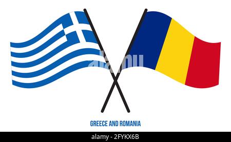 Romania and Greece flag waving together in the wind on blue sky, two ...