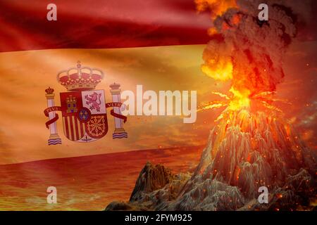 high volcano blast eruption at night with explosion on Ukraine flag ...