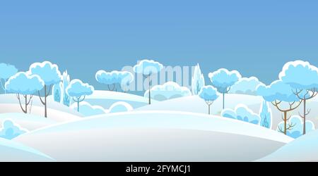 Rural winter. Snowy beautiful landscape. Cartoon style. Snowdrifts ...
