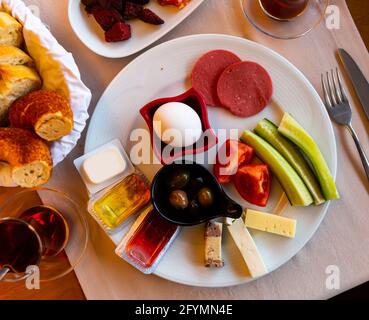 Traditional Turkish breakfast platter on the table, top view. Healthy ...