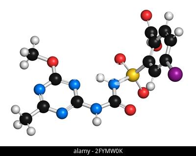 Iodosulfuron herbicide molecule. 3D rendering. Atoms are represented as ...