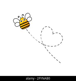 Cute bees with dotted line route set. Vector illustration isolated on ...