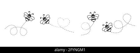 Cute bees with dotted line route set. Vector illustration isolated on ...