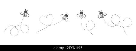 Cute bees with dotted line route set. Vector illustration isolated on ...