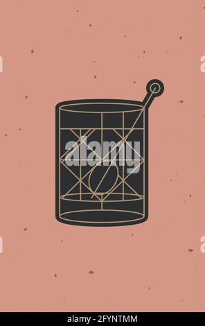 Art deco cocktail tom collins drawing in line style on dark background ...