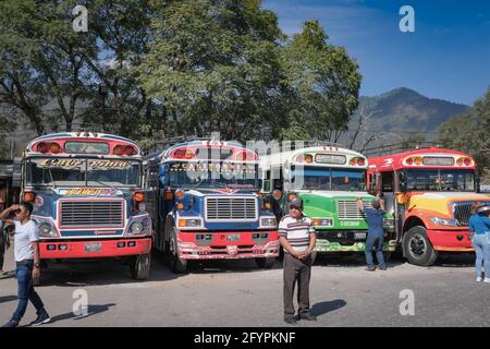 Colourful Guatemalan 'chicken buses' await passengers at the bus ...