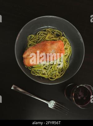 Top view crispy chicken fillet with broccoli and corn healthy meal ...