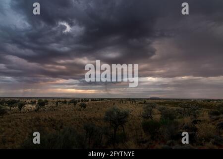 A gorgeous view of vast purple-gray clouds over a dry field of grass ...