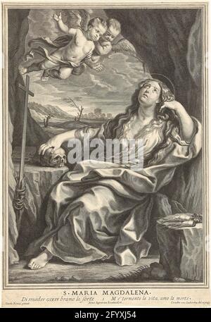 Maria Magdalena with crucifix and two angels Stock Photo - Alamy