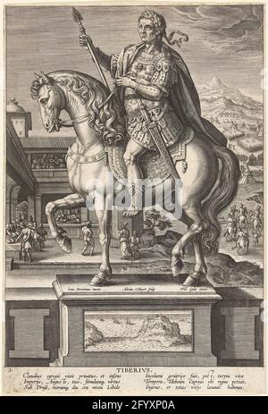 Emperor Tiberius on horseback, in profile depicted with one hand on his ...