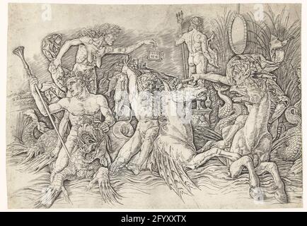 Fight between satyrs driving on hippocampuses and old woman as ...