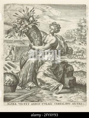 Summer; Four Seasons. Ceres with the cornucopia in a circular frame ...