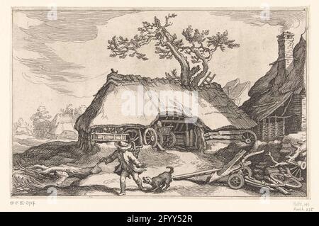 Farm and man and barking dog; Landscapes with farms. View of a ...