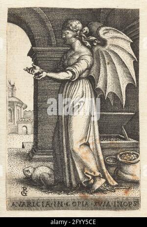 Violence; Avaritia; Seven deadly sins. An old woman is holding a well ...
