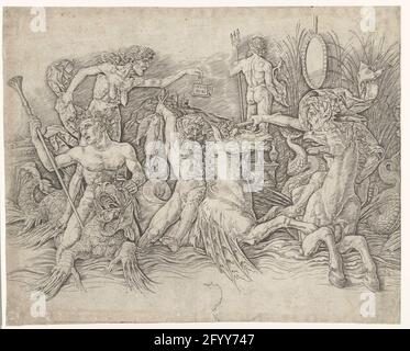 Fight between satyrs driving on hippocampuses and old woman as ...