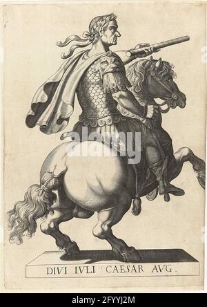 Portrait of emperor Julius Caesar with laurel wreath in round frame ...