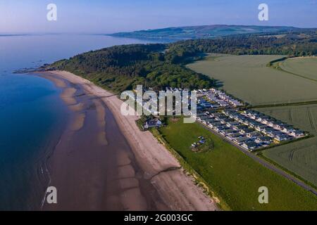 Aerial view of large caravan park holiday park and beach on Cardigan ...
