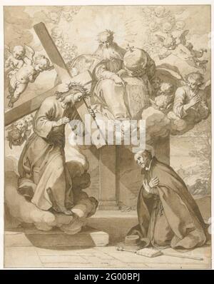Christ with cross appears to Ignatius van Loyola, Abraham Bloemaert, 1645 - 1651 drawing The ...