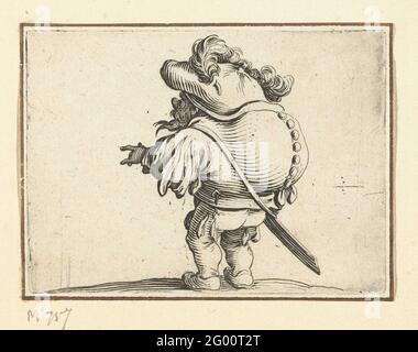 Left: dwarf, seen on left side, with hunchback, playing a bagpipe ...