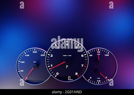 3D illustration of the dashboard of the car is illuminated by bright ...