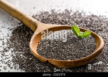 Healthy food - omega-3 source - macro of chia seed, overhead over ...