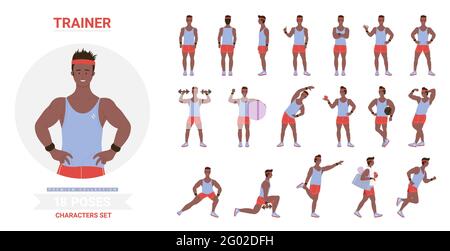 Sport trainer man poses vector illustration set. Cartoon male character ...