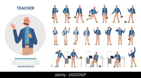 Teacher man poses vector illustration set. Cartoon professional male ...
