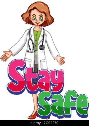 Stay Safe logo with a doctor woman cartoon character isolated ...