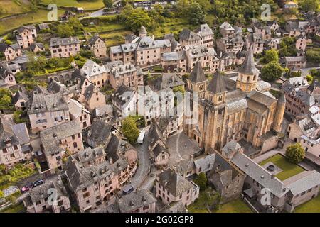 view on Conques with church Sainte-Foy, France, Midi-Pyrenees, Conques ...
