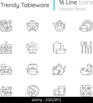 Dinnerware vector line icons set. Dishes, Tableware, Plates, Bowls ...