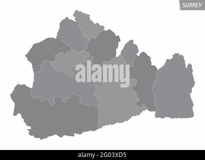 The Surrey county, isolated map divided in districts with labels ...