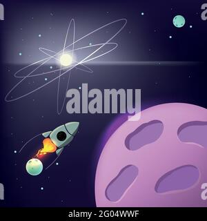 Cartoon open space. Planets, cosmic celestial bodies, rockets ...