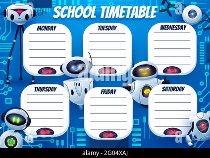 Cartoon robots kids education timetable schedule. Vector school student ...
