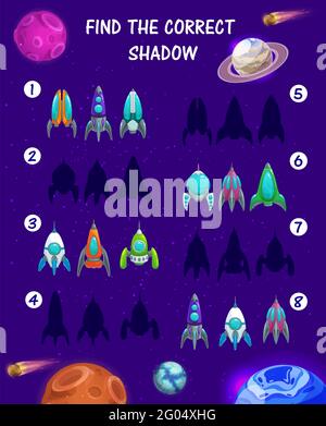 Cartoon space planets shadow matching game. Vector kids riddle find ...
