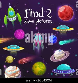 Find two same space planets, astronauts and aliens characters kids game ...