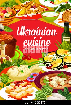 Ukrainian cuisine vector chicken noodle, smazhenina with herring or ...