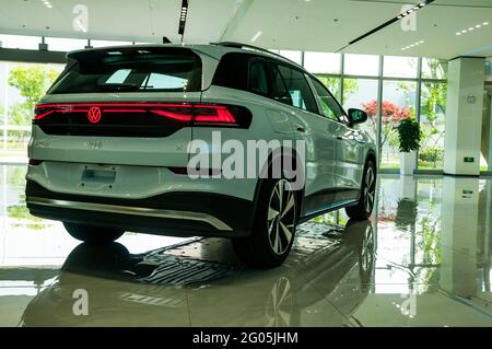 An MEB platform on display at the SAIC Volkswagen factory in Shanghai ...