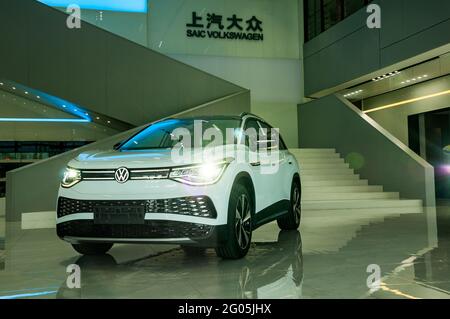An MEB platform on display at the SAIC Volkswagen factory in Shanghai ...
