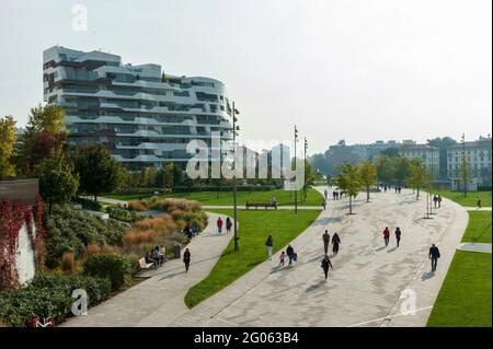 View of Hadid Residences: Angular balconies and timber panelling ...