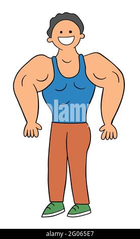 Strong Muscular Person Showing Biceps, Vector Cartoon Stick Figure ...