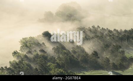 Foggy spring sunrise in Plana de Vic, seen from Sant Bartomeu del Grau ...