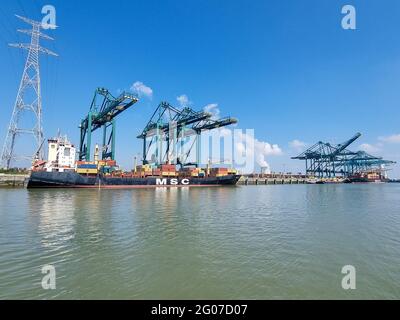 Antwerp, Belgium 31 May 2021 Panoramic view of harbor cranes and ...