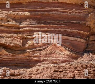 Red sedimentary rocks with faults in their layers, in the Red Canyon ...